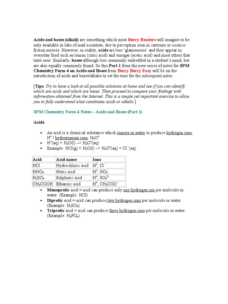 SPM Chemistry Form 4 Notes - Acids and Bases (Part 1) : Berry Readers ...