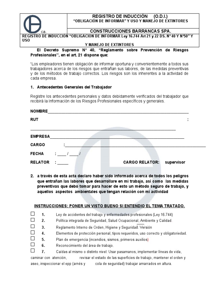 Formato Registro ODI | PDF | Seguridad y salud ocupacional