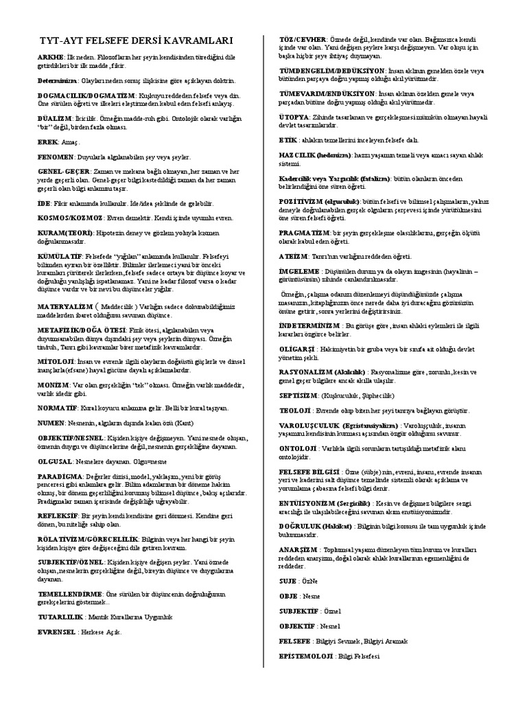 TYT Felsefe Kavramlari Ders Notu | PDF