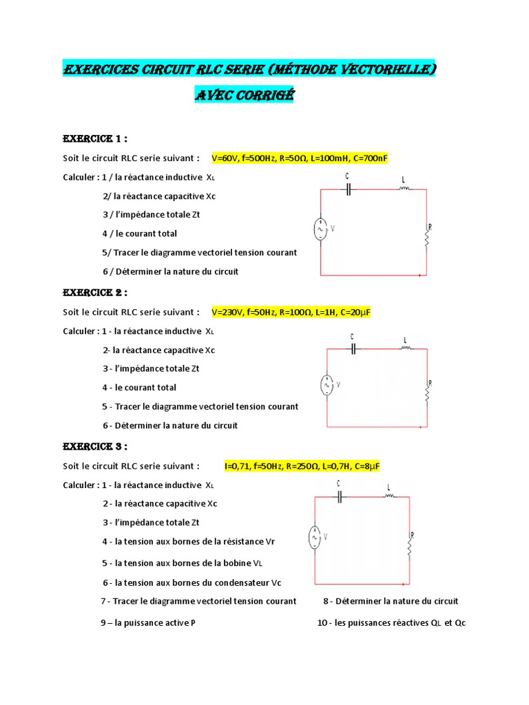 Exercices Corrigés Circuit RLC Série | PDF | Impédance (électricité ...