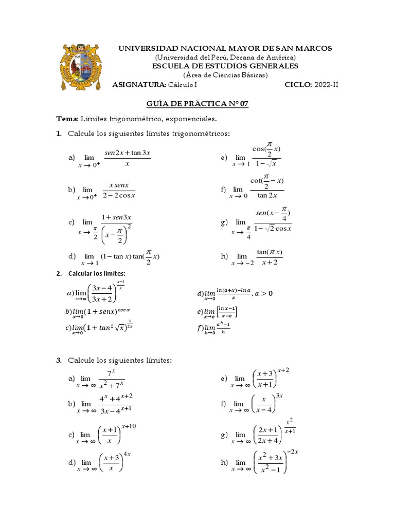 Límites Trigonométricos y Exponenciales en Cálculo I | PDF