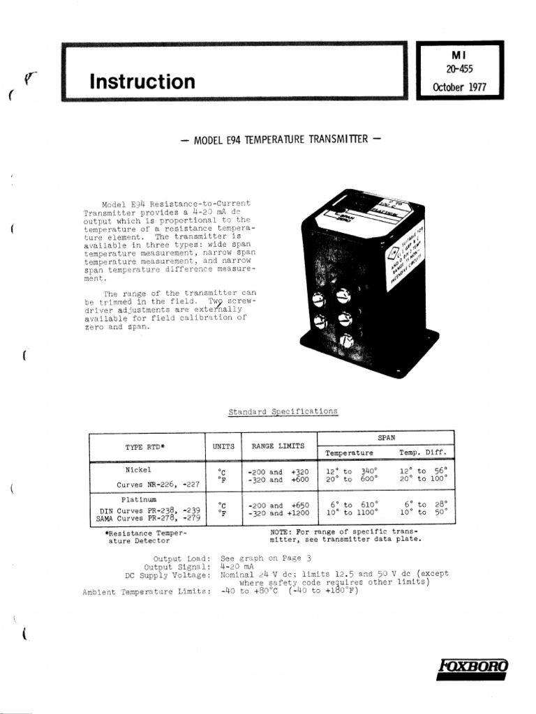 Foxboro Model E94 Temperature Transmitter Prod-Spec Sheet | PDF