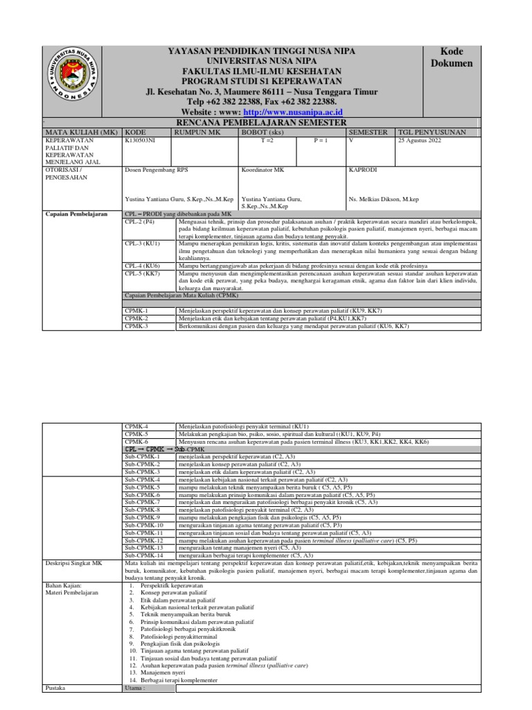 Rencana Pembelajaran Keperawatan Paliatif | PDF | Pengembangan Diri | Kesehatan Holistik