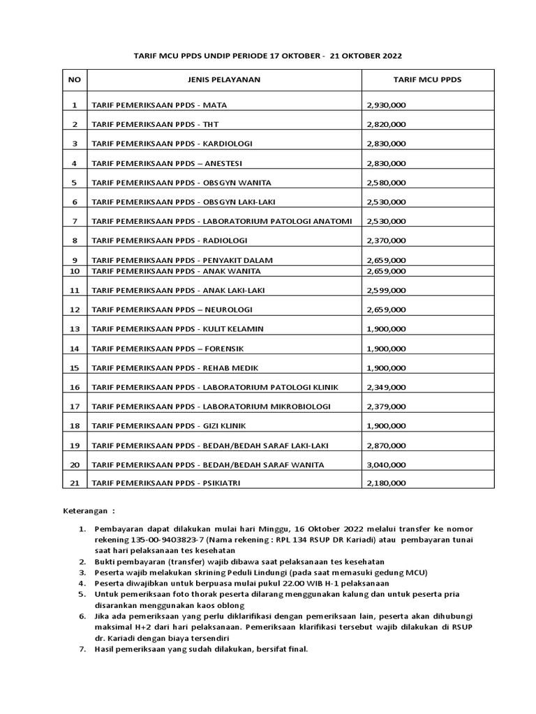 TARIF Dan TATIB MCU PPDS OKT 2022 1 | PDF