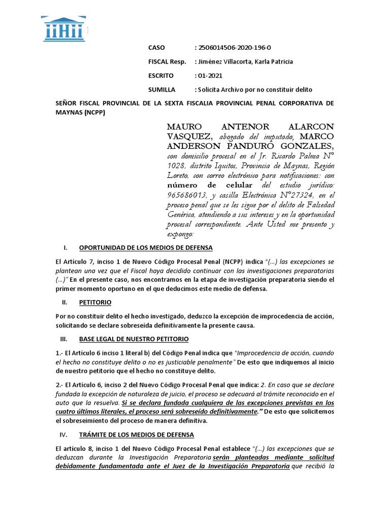 Excepcion Improcedencia de Accion Caso 2506014506-2020-196-0 | PDF ...