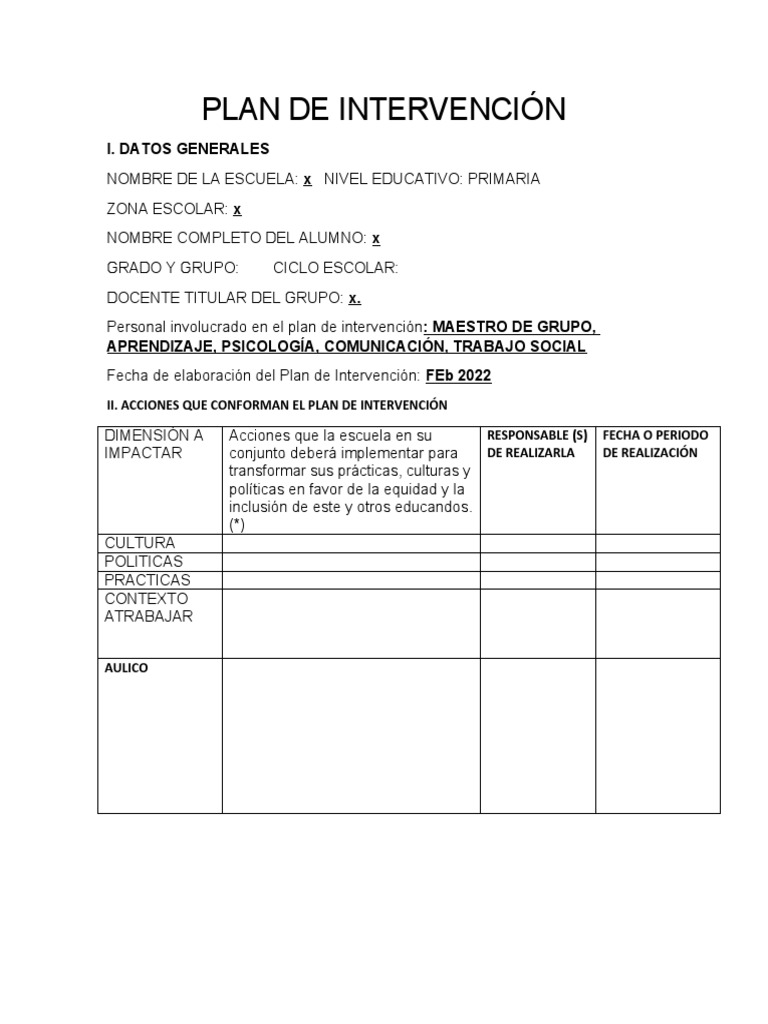 Plan de Intervención Escolar 2022 | PDF | Trabajo Social | Inclusión ...