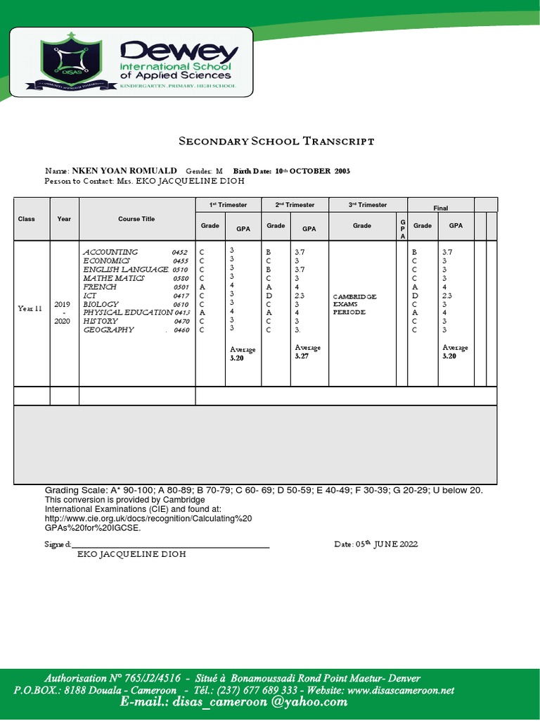 Secondary School Transcript for Nken Yoan Romuald | PDF | Education Issues | Educational Stages