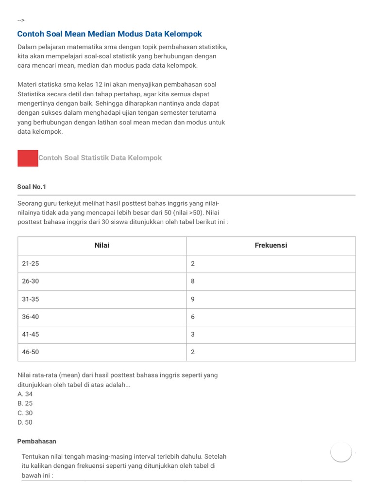 Contoh Soal Mean Median Modus Data Kelompok | PDF