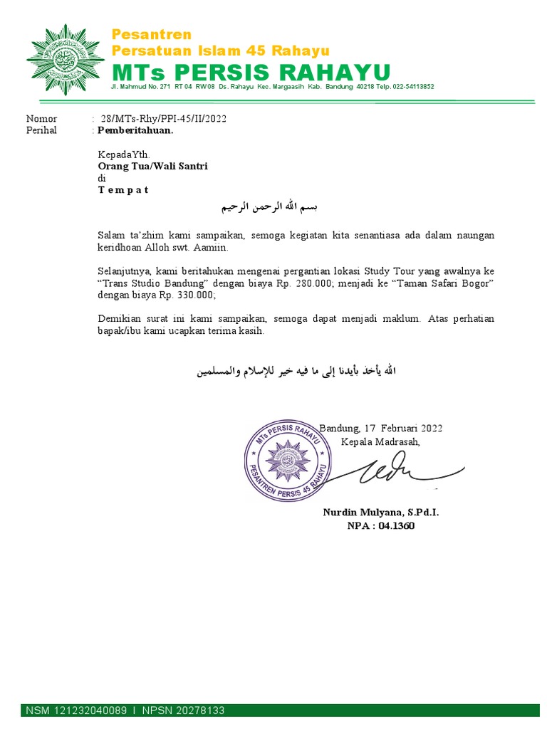 Surat Pemberitahuan Revisi Study Tour 2022 | PDF