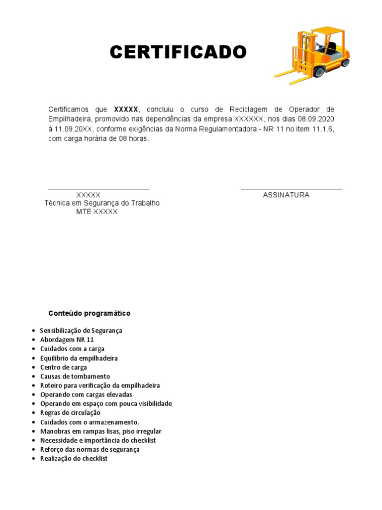 NR 11 Modelo de Certificado | PDF