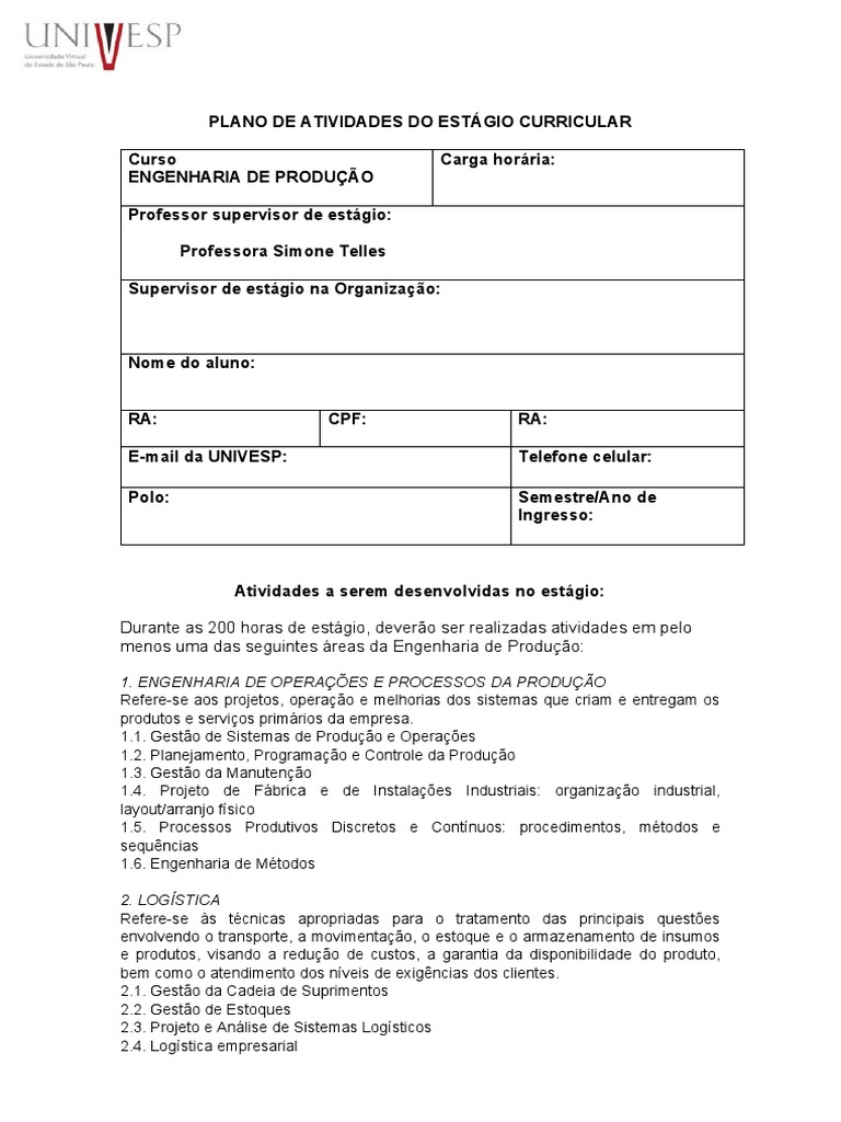 Plano De Atividades Estagio Eng Producao Pdf Gestão De Recursos