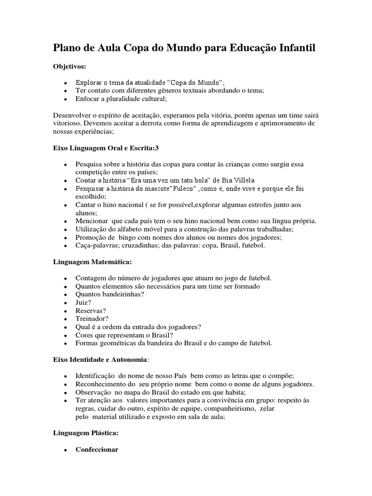 Plano de Aula Copa Do Mundo para Educação Infantil em PDF | PDF ...