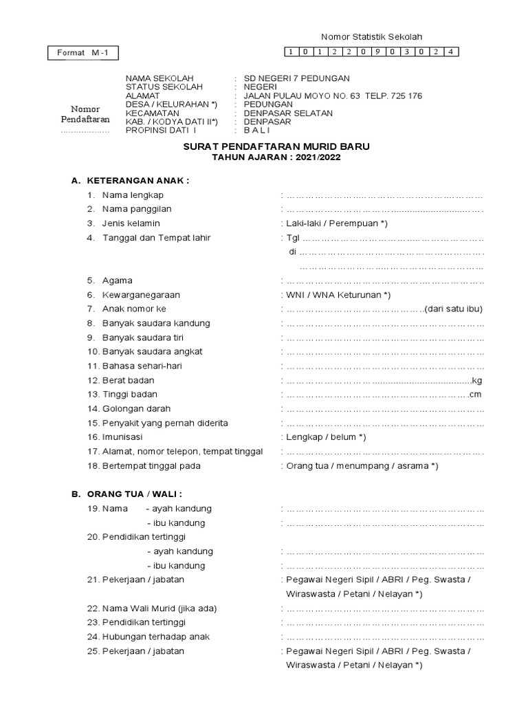 Format M1 Surat Pendaftaran Murid Baru 2021 2022 | PDF
