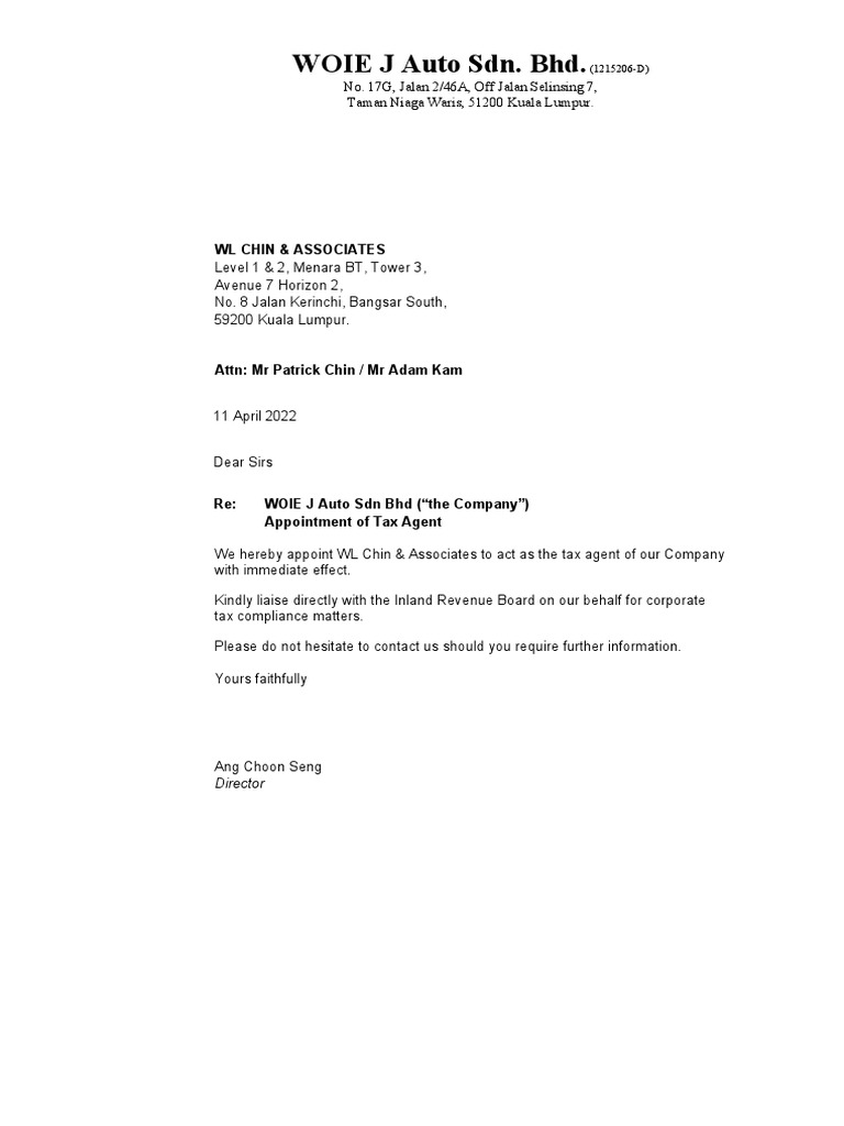 Appointment of Tax Agent for WOIE J Auto | PDF