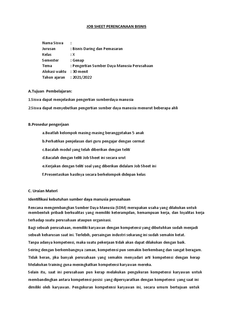 JOB SHEET PERENCANAAN BISNIS Kelas X | PDF | Pengembangan Diri