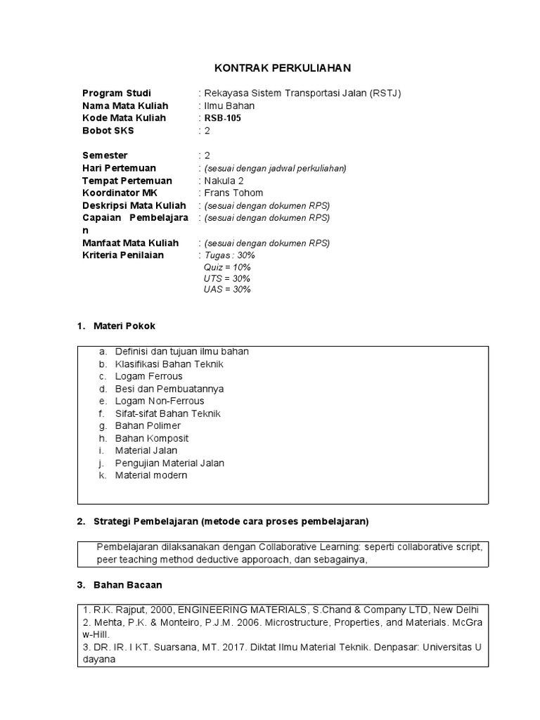 Kontrak Perkuliahan Ilmu Bahan RSTJ | PDF