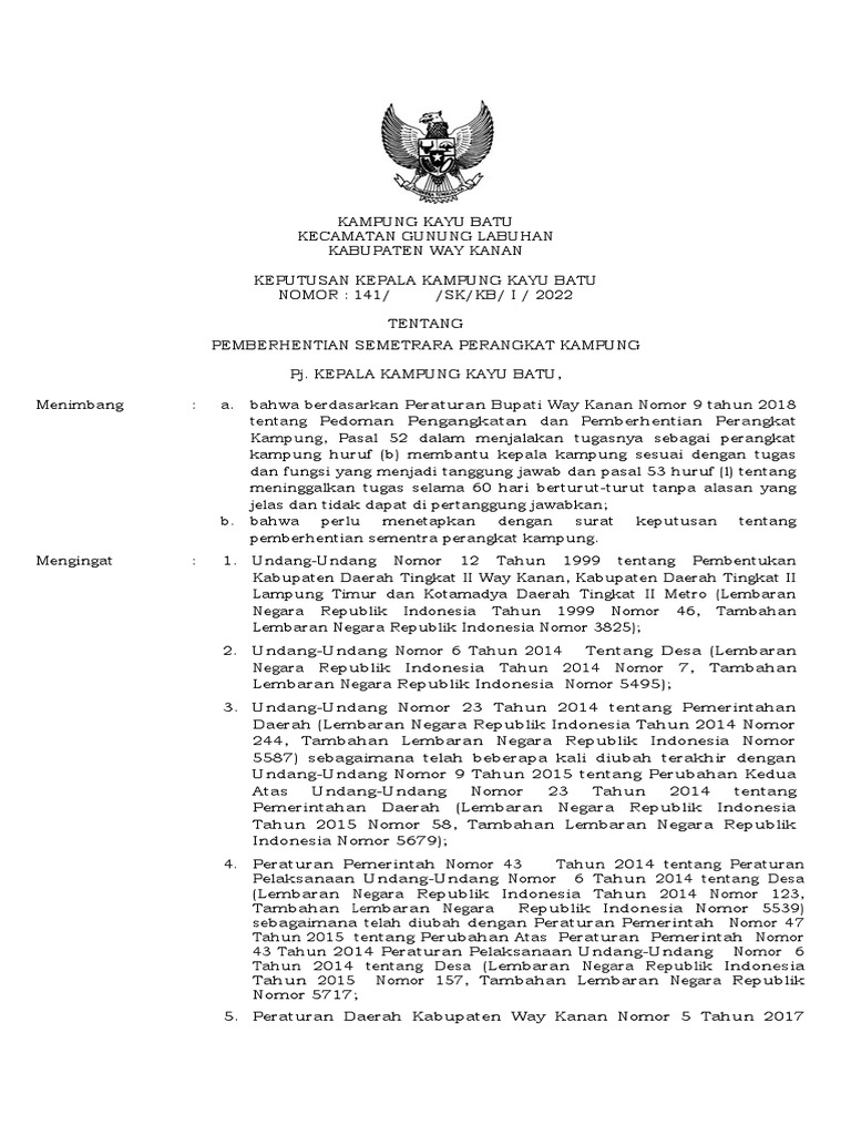 Contoh SK Pemberhentian Sementara 22 | PDF