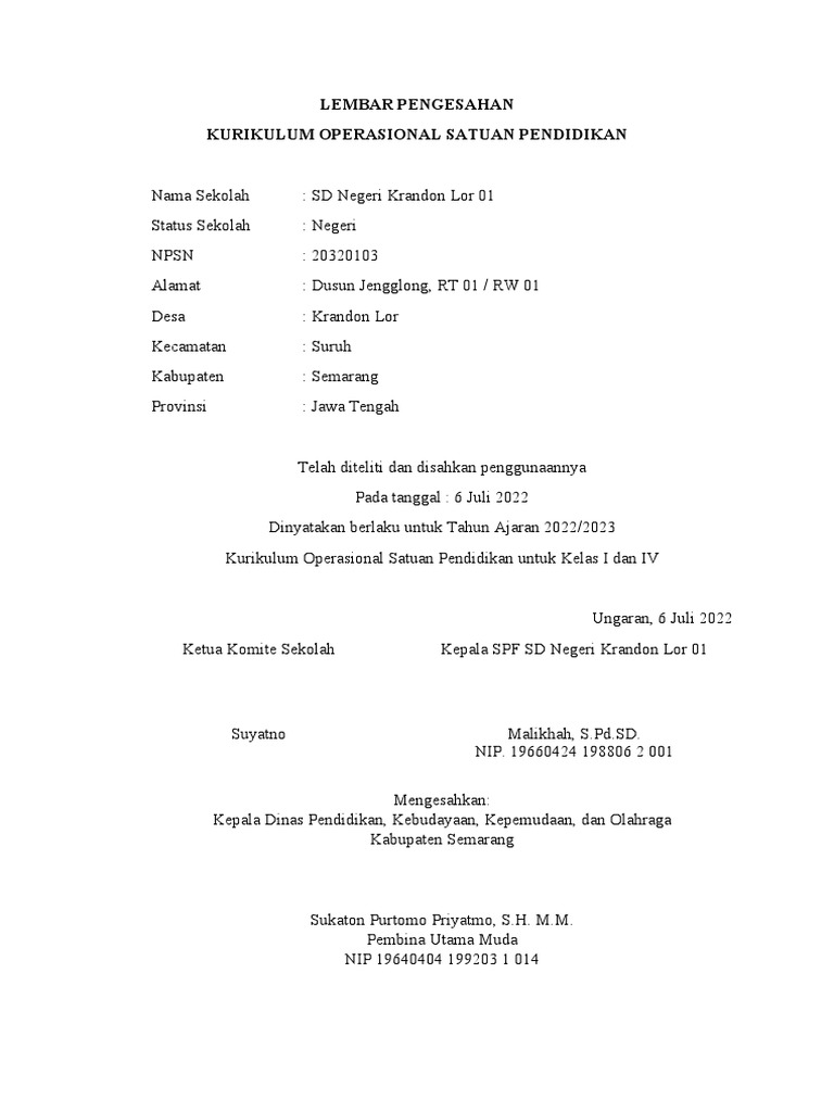 LEMBAR PENGESAHAN KOSP Dan KTSP | PDF