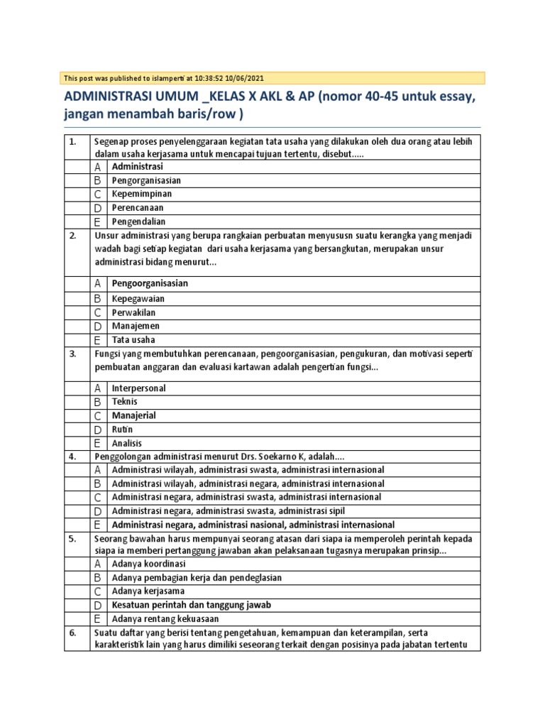 Soal ADM UMUM Kelas X AKL& AP Genap | PDF