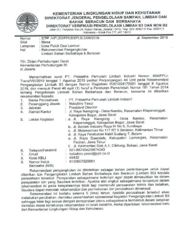 REKOMENDASI KLH PPLI - No. S.951 (2019) Penganti S.35 (2024) (1) Full ... | PDF