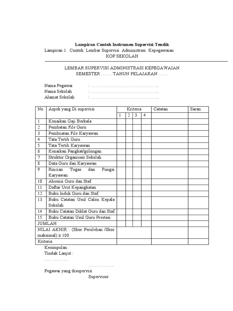 Lembar Supervisi Tendik | PDF