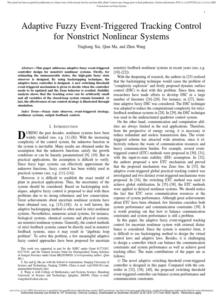 Adaptive Fuzzy Event Triggered Tracking Control For Nonstrict Nonlinear Systems Pdf Control