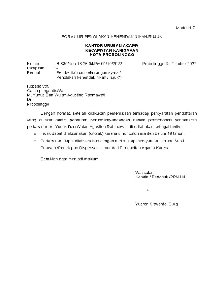 Model N7 (PENOLAKAN KEHENDAK NIKAH RUJUK) | PDF