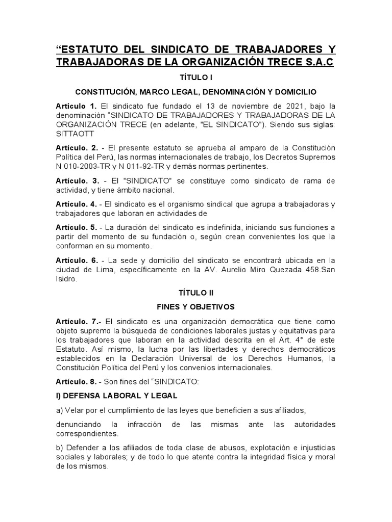 Estatuto Del Sindicato | PDF | Sindicato | Derecho laboral