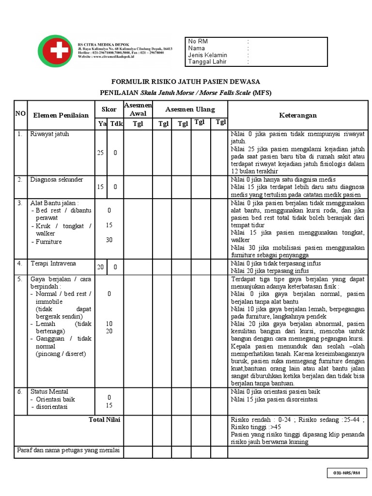 Formulir Penilaian Risiko Jatuh Pasien | PDF