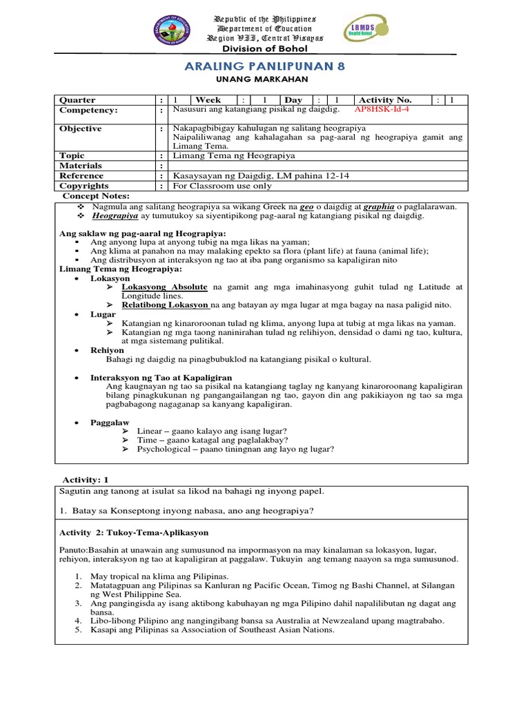 AP8 Q1 W1Day1-3 | PDF