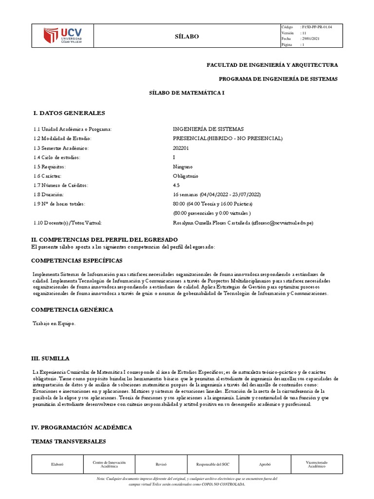 Sílabo Matemática I-A2 | PDF | Matriz (Matemáticas) | Ecuaciones