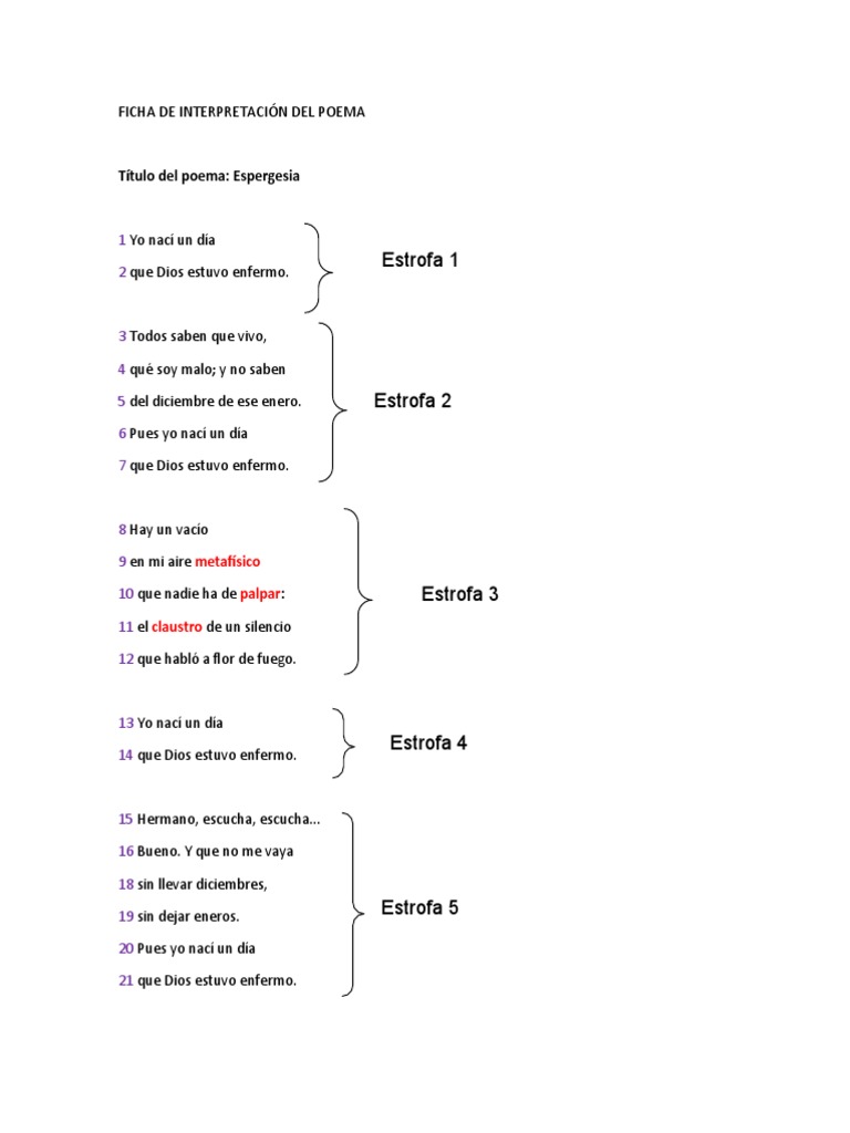 Ficha de Análisis e Interpretación Del Poema - Espergesia | PDF Ficha de Análisis e Interpretación Del Poema - Espergesia | PDF