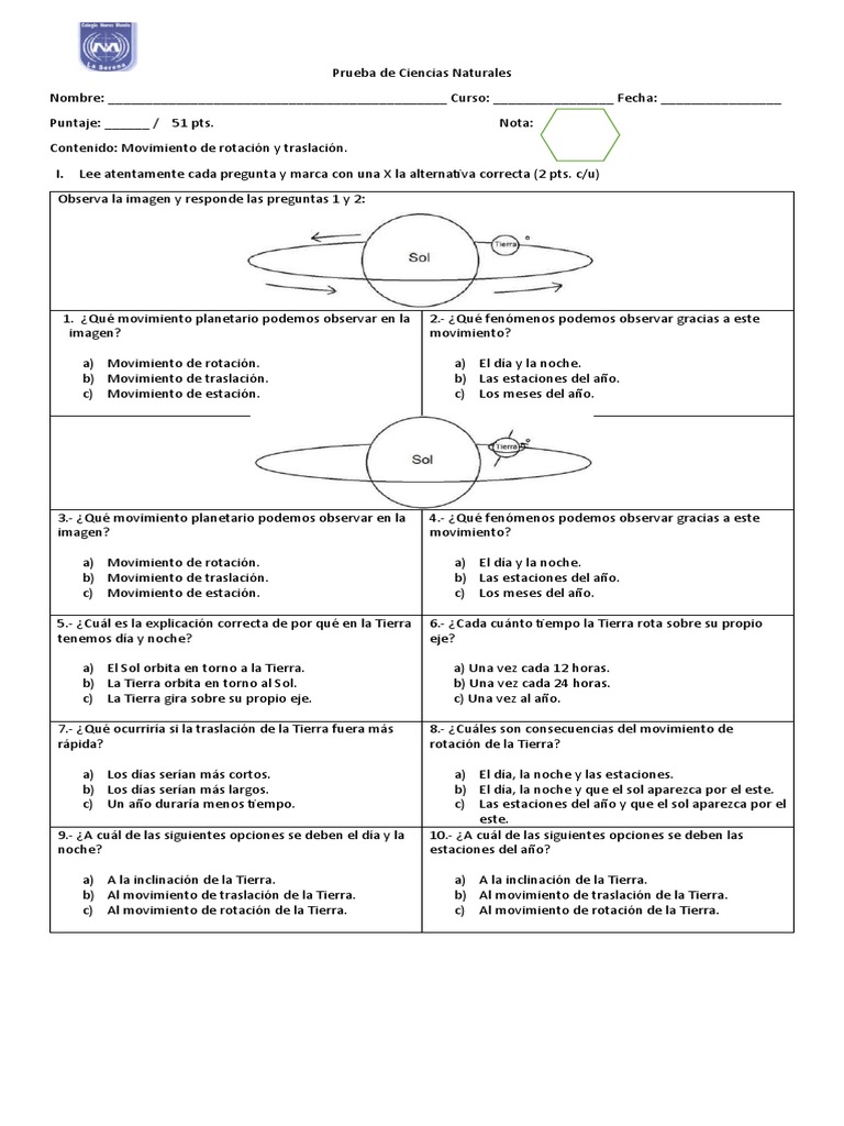 Prueba de Ciencias Naturales 3 Basico | PDF | Tierra | Rotación