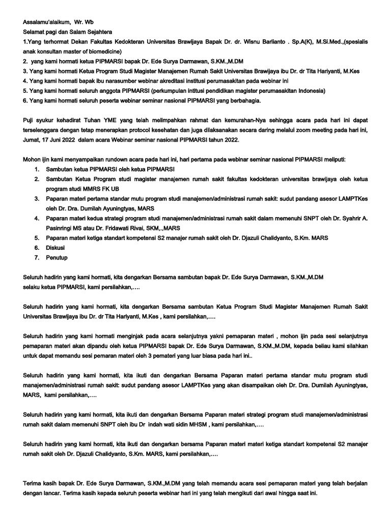 PROTOKOLER Seminar Nasional Pipmarsi | PDF