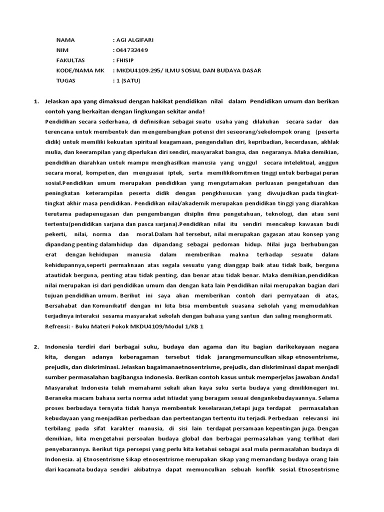 Tugas 1 Ilmu Sosial Dan Budaya Dasar | PDF
