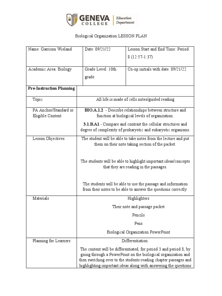 Biological Organization Lesson Plan | PDF | Cell (Biology) | Organelle