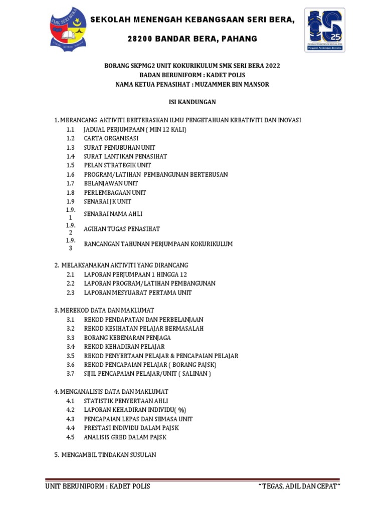 Isi Kandungan Borang SKPMG2 Unit Kokurikulum SMK Seri Bera | PDF