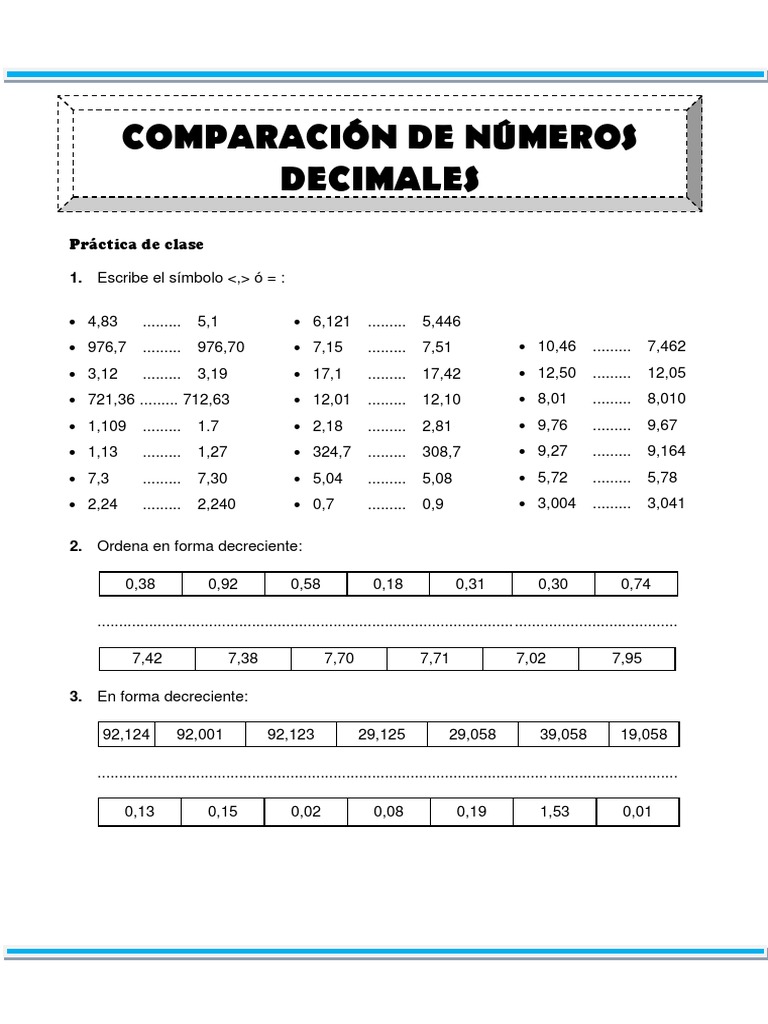 Comparacion de Numeros Decimales | PDF