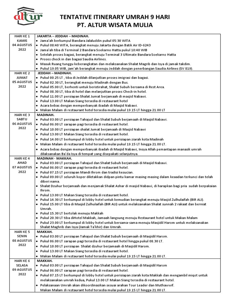 Itinerary Umrah 9 Hari PT Altur Wisata | PDF | Griya & Taman