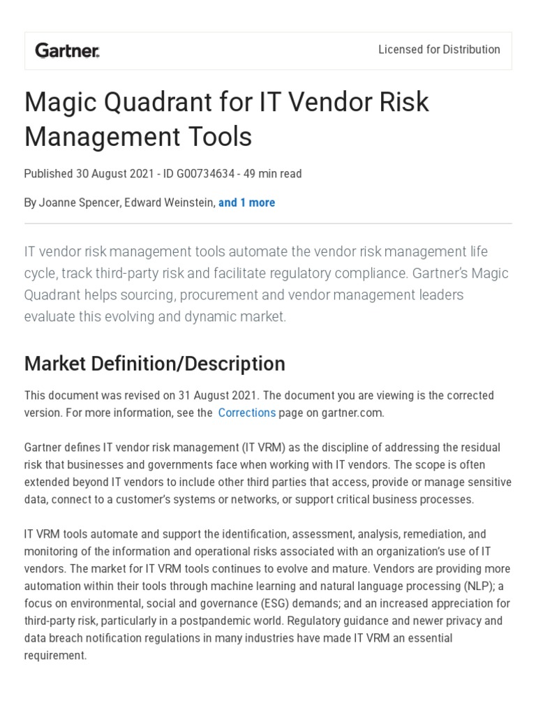 Magic Quadrant For IT Vendor Risk Management Tools, 2021 | PDF | Risk ...