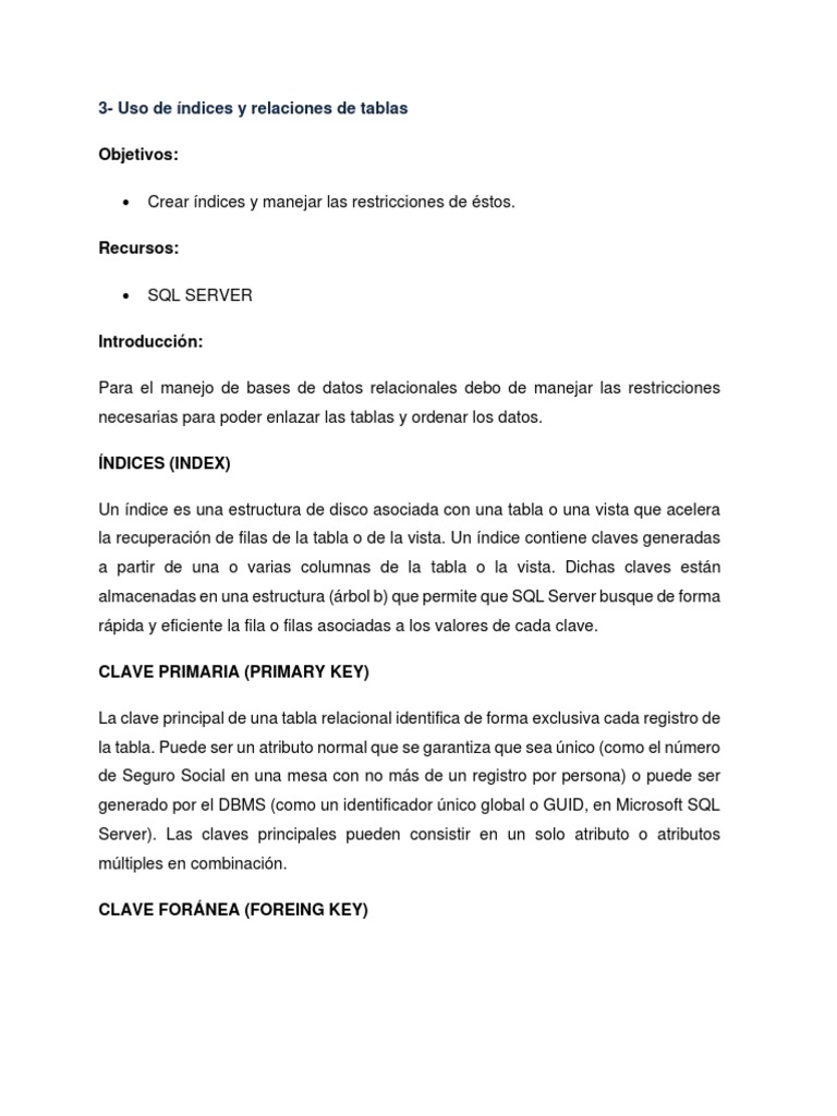 Lab-3 (Uso de Índices y Relaciones de Tablas) | Descargar gratis PDF | Base de datos relacional ...