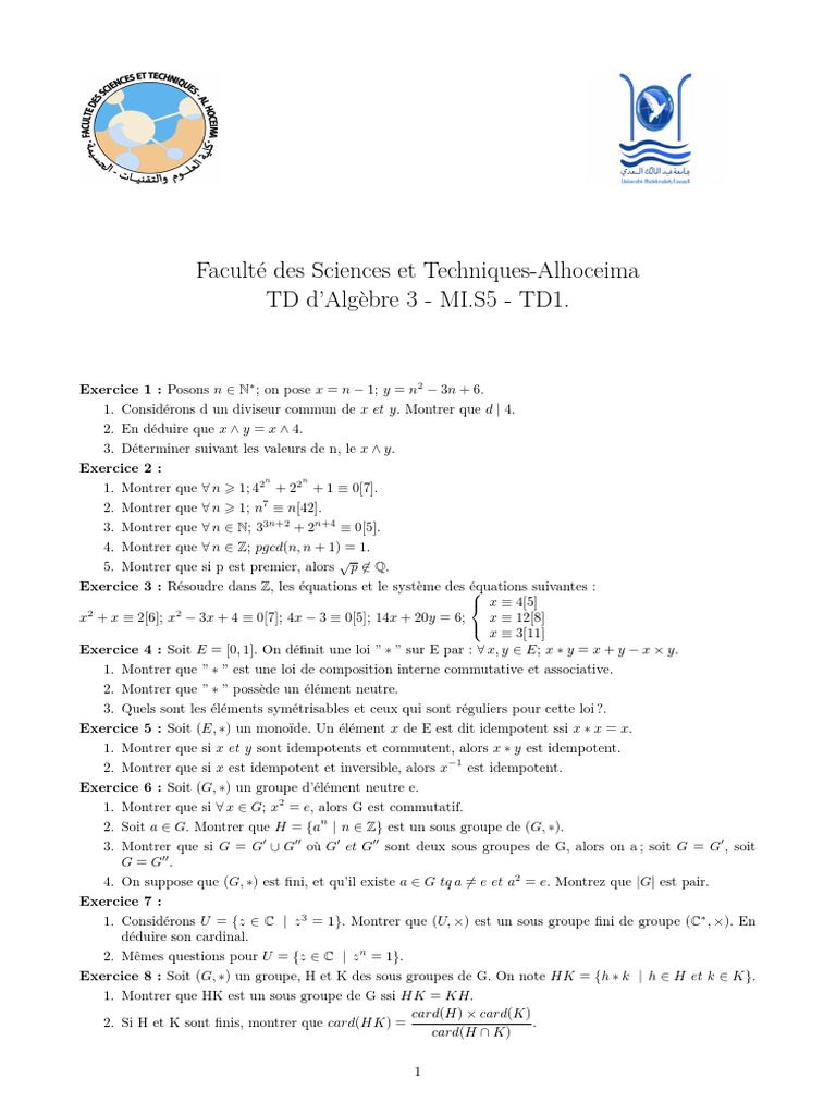 Faculté Des Sciences Et Techniques-Alhoceima TD D'algèbre 3 - MI.S5 ...