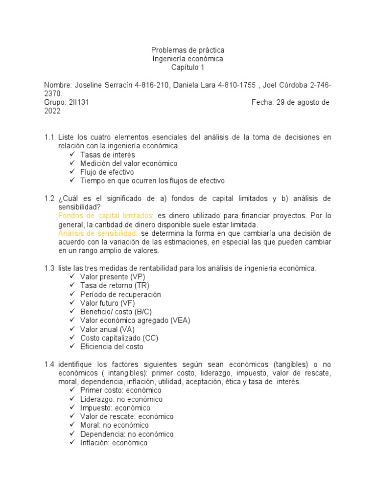 Tarea 1 Ing Económica (Problemas) | PDF | Prueba (evaluación) | Interés