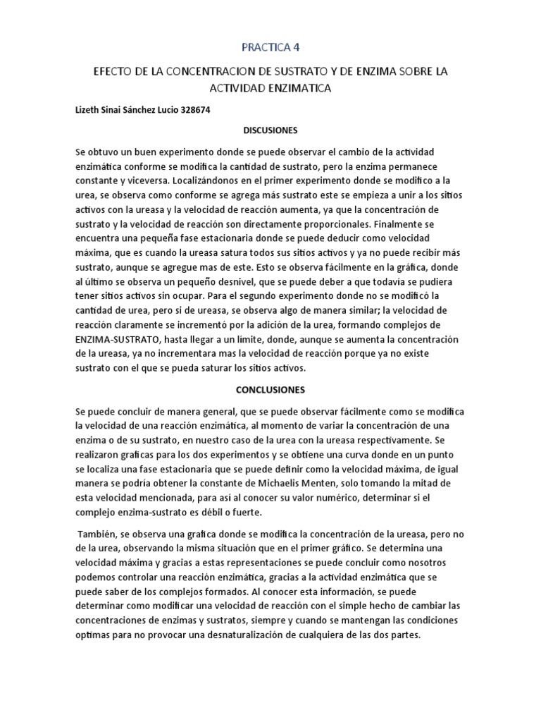 Practica 4 Conclusiones y Discusiones | PDF | Enzima | La cinética de enzimas