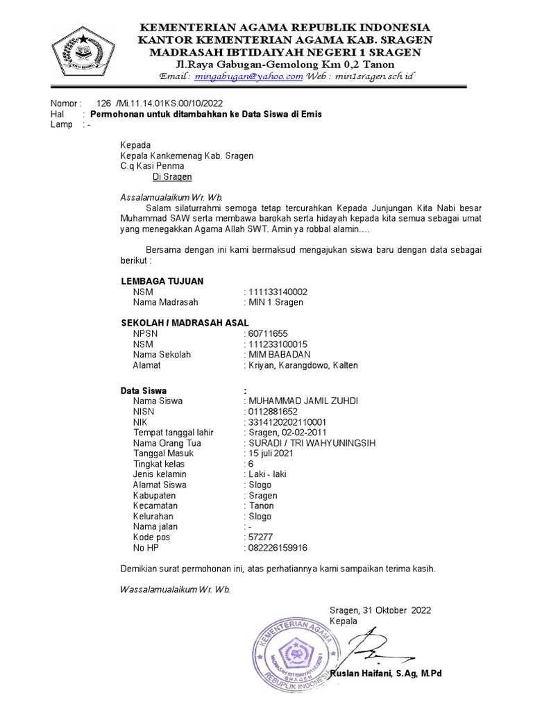 Surat Permohonan Masuk Ke Emis Min 1 Sragen JAMIL ZUHDI | PDF