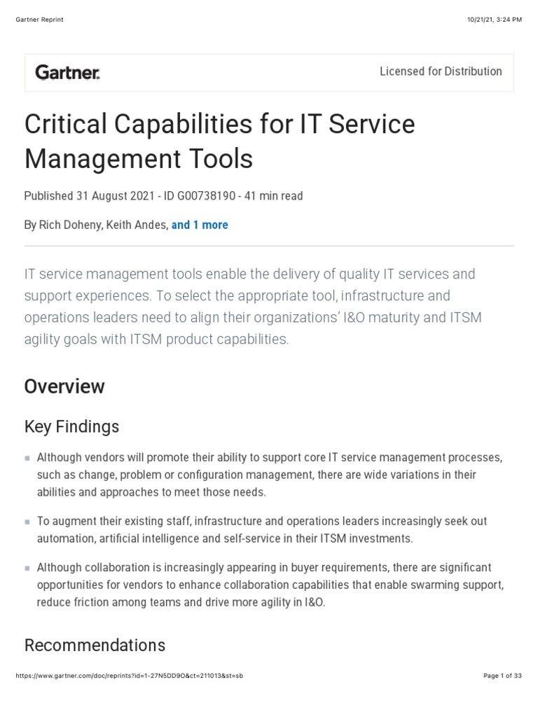 Critical Capabilities For IT Service Management Tools, 2021 | PDF ...