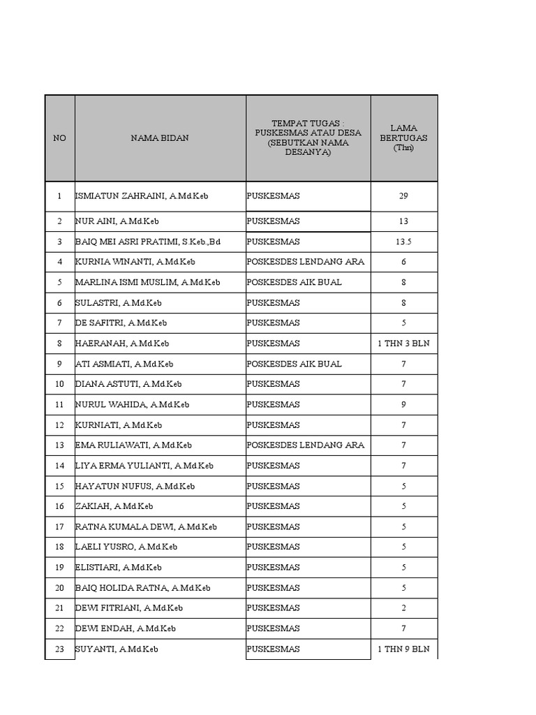 Data Bidan Puskesmas Dan Desa Puskesmas Wajageseng | PDF