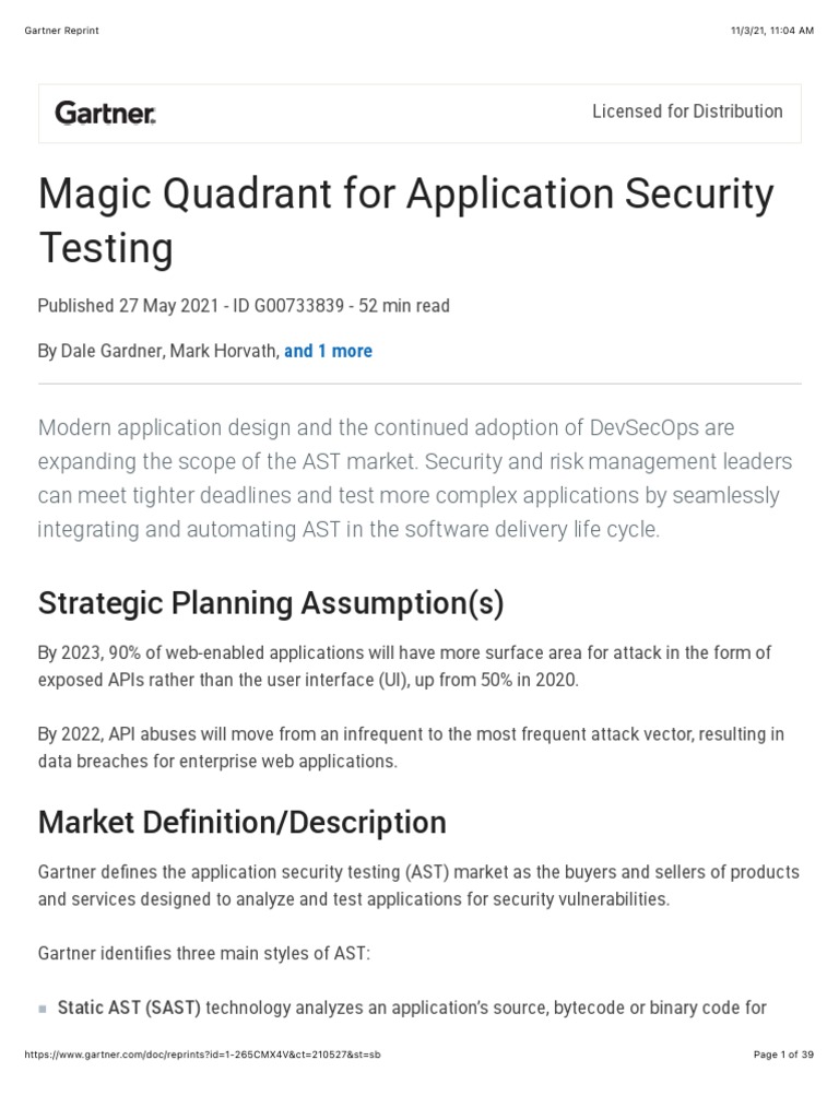 Magic Quadrant For Application Security Testing, 2021 | PDF | Cloud ...