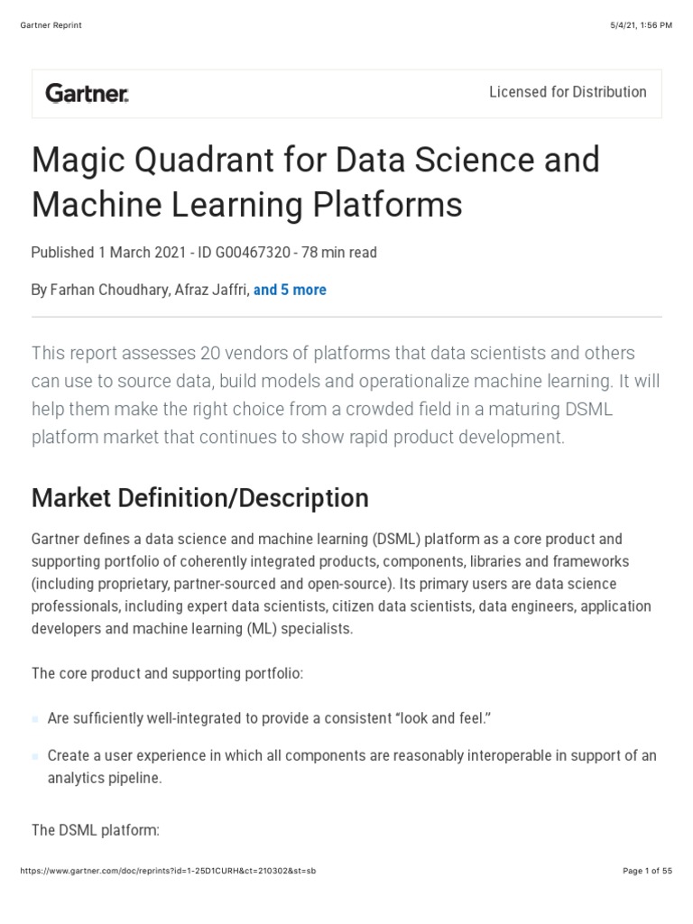 Magic Quadrant For Data Science and Machine Learning Platforms, 2021 | PDF | Cloud Computing ...