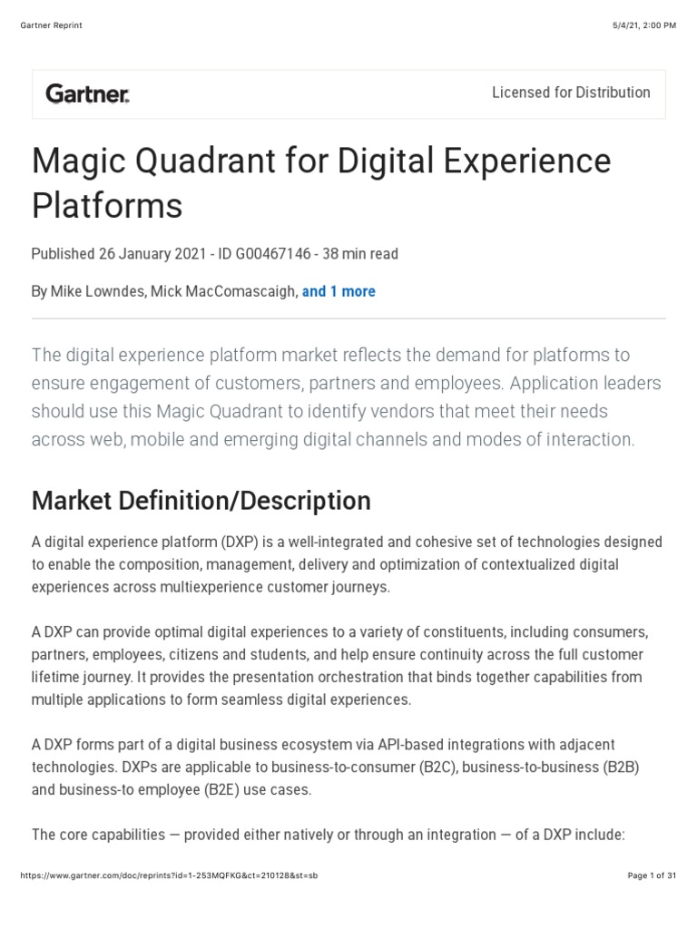 Magic Quadrant For Digital Experience Platforms, 2021 | PDF | Cloud ...